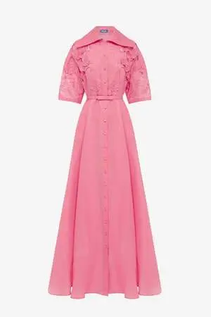 LEO LIN Junia Appliqué Puff Sleeve Silk Gown - Fuchsia