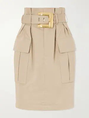 Balmain Belted Cotton-gabardine Midi Skirt