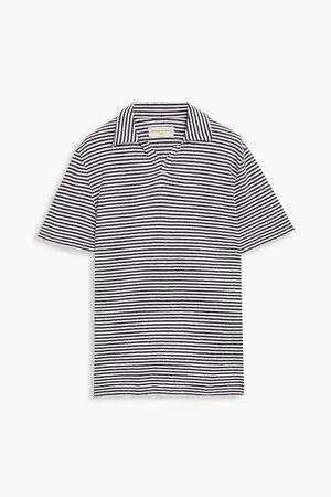 Officine Générale Simon Striped Cotton And Linenblend Polo Shirt - Navy