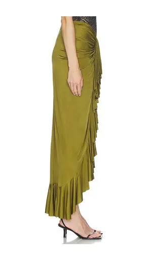 Atlein Olive Viscose Ruffled Maxi Skirt