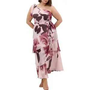 City Chic Metallic One-shoulder Tiered Dress - Romantic Bloom