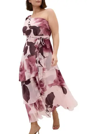 City Chic Metallic One-shoulder Tiered Dress - Romantic Bloom