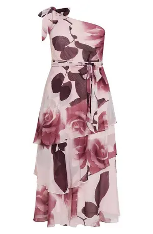 City Chic Metallic One-shoulder Tiered Dress - Romantic Bloom