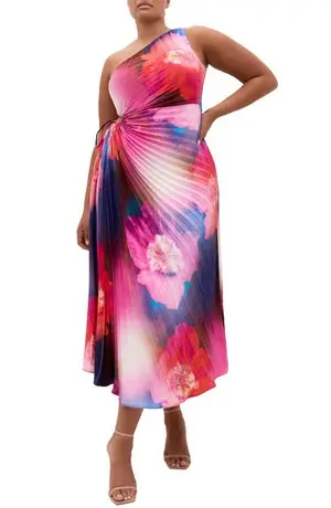 City Chic Floral Print One-shoulder Pleated Dress - Floral Firework