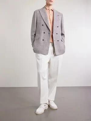 Brunello Cucinelli Prince Of Wales Checked Linen, Silk And Wool-blend Tweed Blazer