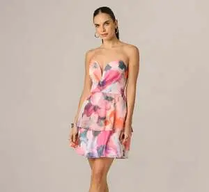 Adrianna Papell Watercolor Floral Chiffon Mini Dress - Pink/orange Multi