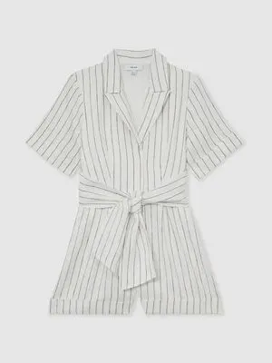 REISS Estella Linen Pinstripe Belted Playsuit