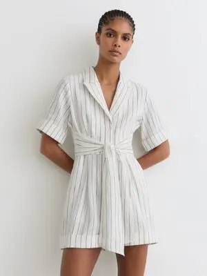 REISS Estella Linen Pinstripe Belted Playsuit