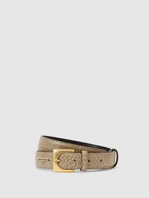 REISS Belinda Croc-effect Leather Square-buckle Belt - Stone