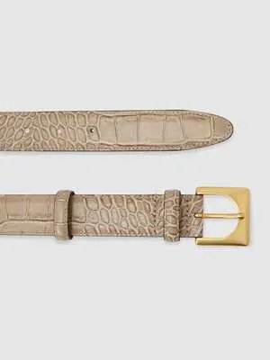 REISS Belinda Croc-effect Leather Square-buckle Belt - Stone