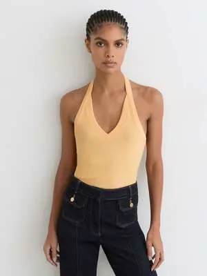 REISS Nina Stretch-cotton Ribbed Halterneck Vest