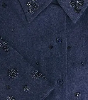 Maje Denim Embellished Cropped Shirt - Blue