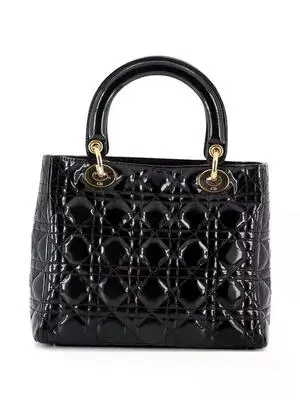 Dior Lady Bag Cannage Quilt Patent Medium Tote Bag - Black