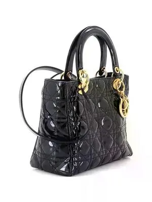 Dior Lady Bag Cannage Quilt Patent Medium Tote Bag - Black