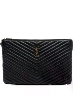 Saint Laurent Quilted Chevron Leather Monogram Document Holder - Black