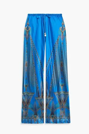 Camilla Crystal-embellished Printed Silk-satin Wide-leg Pants - Bright Blue
