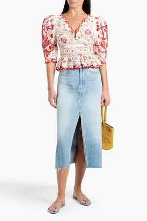 Camilla Broderie Anglaise-trimmed Embellished Printed Linen Blouse