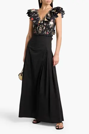 Camilla Cropped Ruffled Floral-print Cotton-poplin Top - Black