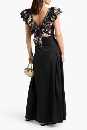 Camilla Cropped Ruffled Floral-print Cotton-poplin Top - Black