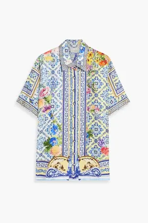 Camilla Crystal-embellished Printed Silk-twill Shirt - Blue
