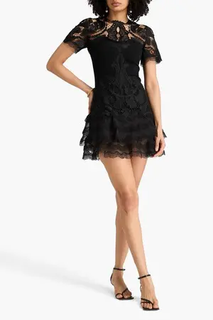 Simkhai Paislee Tiered Guipure Lace, Crepe, And Organza Mini Dress - Black