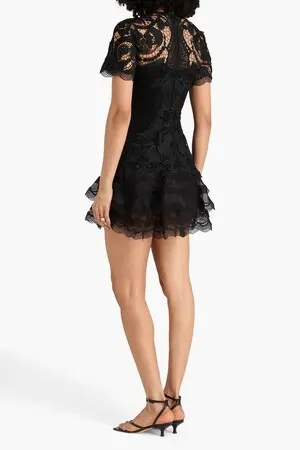 Simkhai Paislee Tiered Guipure Lace, Crepe, And Organza Mini Dress - Black