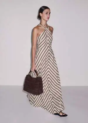 ME+EM Crease-less Linen Halterneck Stripe Maxi Dress - Light Cream Multi