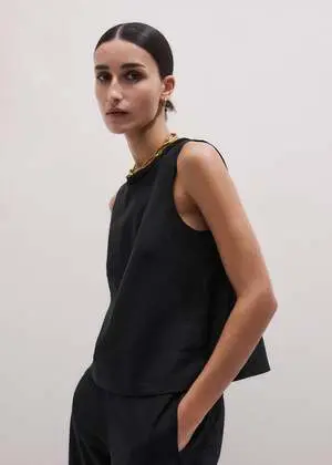 ME+EM Crease-less Linen Blend Crochet Trim Top - Black
