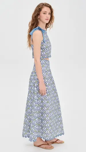 Saylor Marleigh Floral Print Sleeveless Top And Skirt Set With Bow And Scalloped Trim