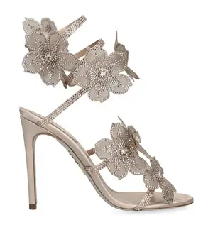 Rene Caovilla Satin Floral Embellished Stiletto Sandals - Nude