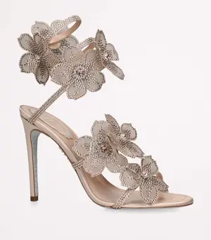 Rene Caovilla Satin Floral Embellished Stiletto Sandals - Nude
