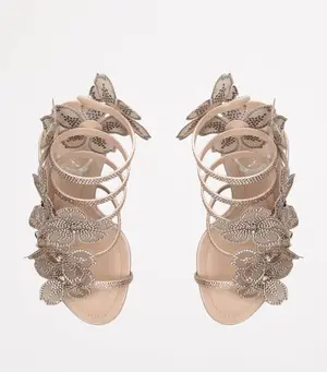 Rene Caovilla Satin Floral Embellished Stiletto Sandals - Nude