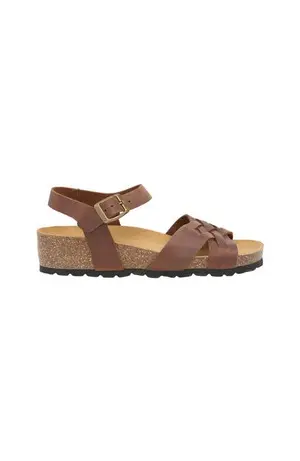 CELTIC & CO. Woven Detail Low Wedge Leather Sandal - Cognac