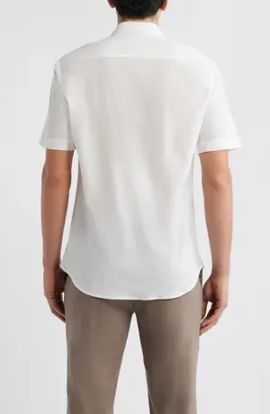 Emporio Armani Textured Stripe Short Sleeve Knit Cotton Button-up Shirt