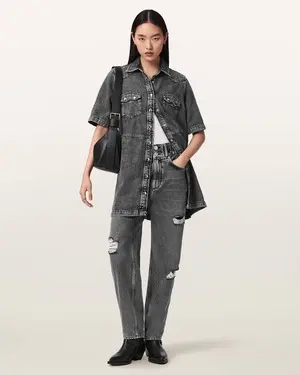 ALLSAINTS Daisy Tapered Leg Distressed Denim Jeans - Grey