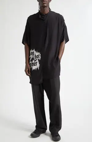 Yohji Yamamoto Double Covered Short Sleeve Silk Graphic Button-up Shirt