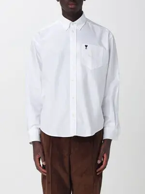 AMI Paris Relaxed Fit Cotton Shirt With Button-down Collar And Embroidered Logo - White