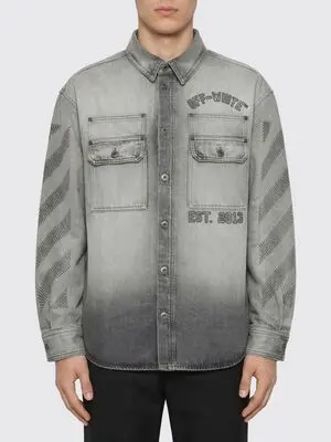 Off-White Cotton Denim Shirt With Logo Print - Grey