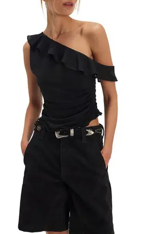 Free People Isla Ruffle One-shoulder Crop Top - Black