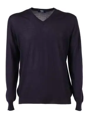 Fedeli Long Sleeve V-neck Knit Sweater - Blu