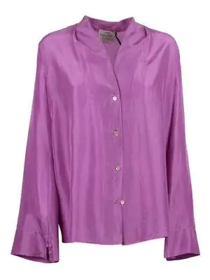 FORTE_FORTE Long Sleeve V-neck Habotai Silk Top