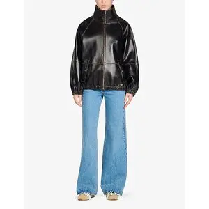 Sandro Distressed Funnel-neck Leather Jacket
