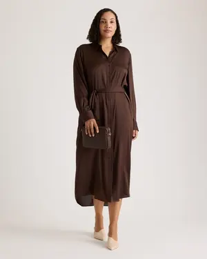 Quince Washable Stretch Silk Maxi Shirt Dress - Hot Fudge