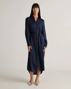 Quince Washable Stretch Silk Maxi Shirt Dress - Navy