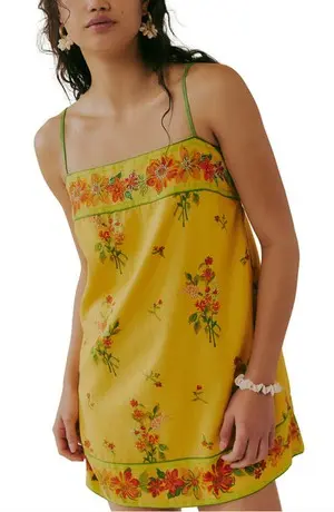 Free People Bali Embroidery Border Floral Mini Dress - Yellow