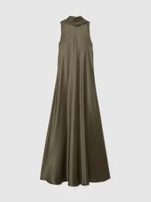 REISS Satin Cape Maxi Dress - Khaki Green