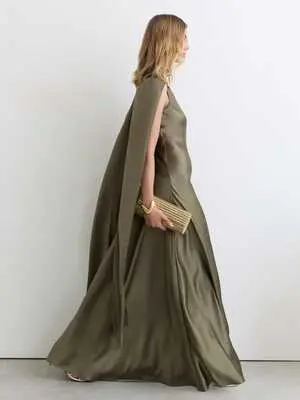 REISS Satin Cape Maxi Dress - Khaki Green