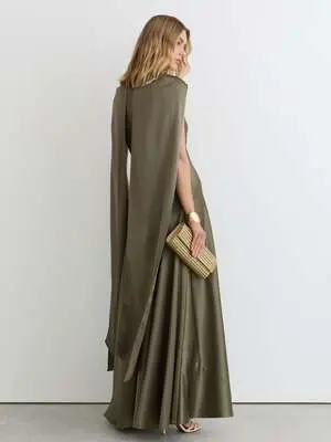 REISS Satin Cape Maxi Dress - Khaki Green