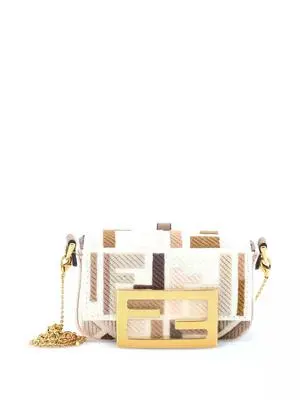 Fendi Chain Baguette Charm Bag Zucca Embroidered Canvas Nano Crossbody Bag - Brown