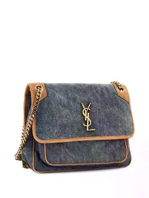 Saint Laurent Niki Chain Flap Bag Matelassé Chevron Denim With Suede - Blue